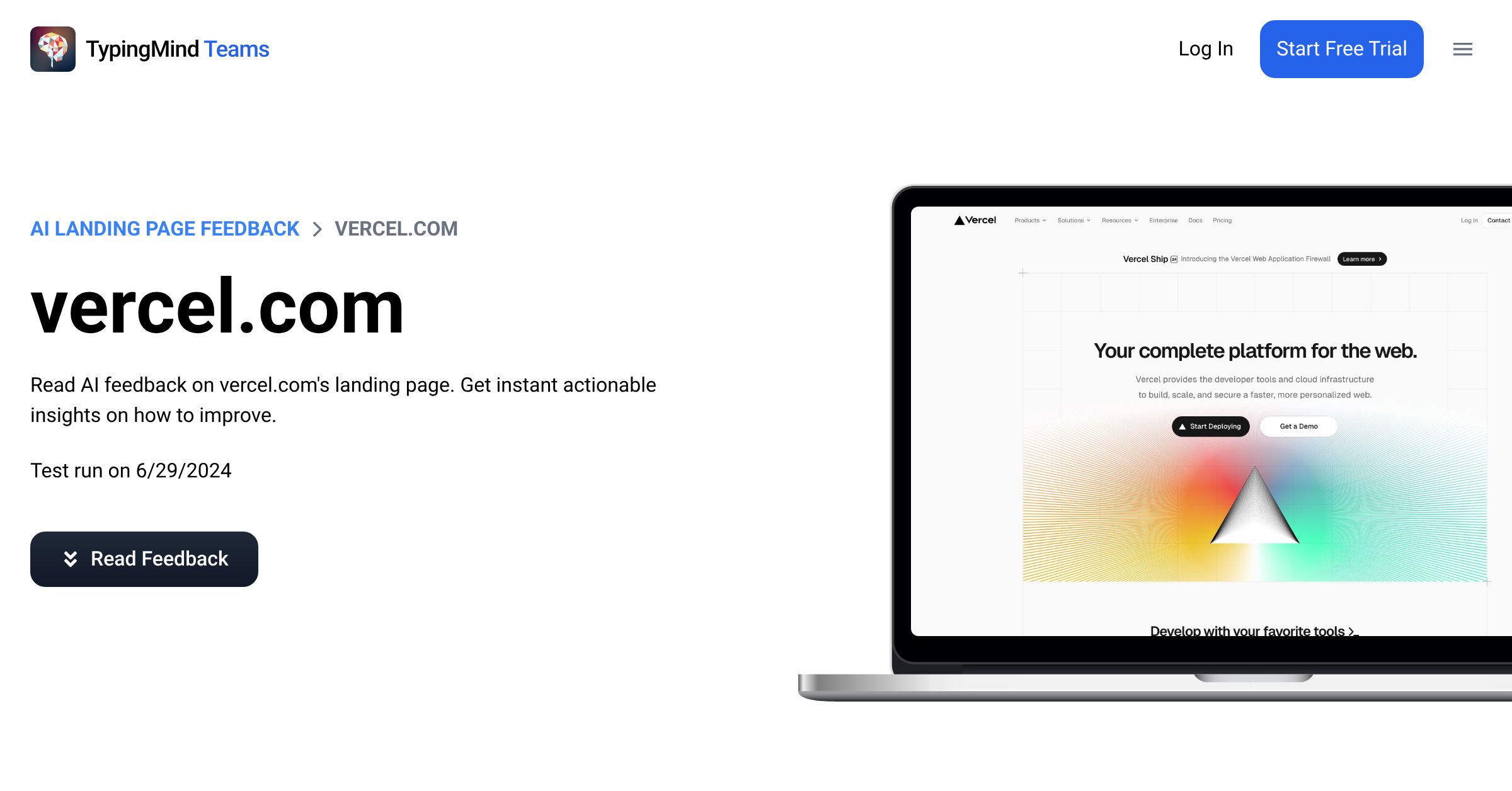 AI Landing Page Feedback for vercel.com