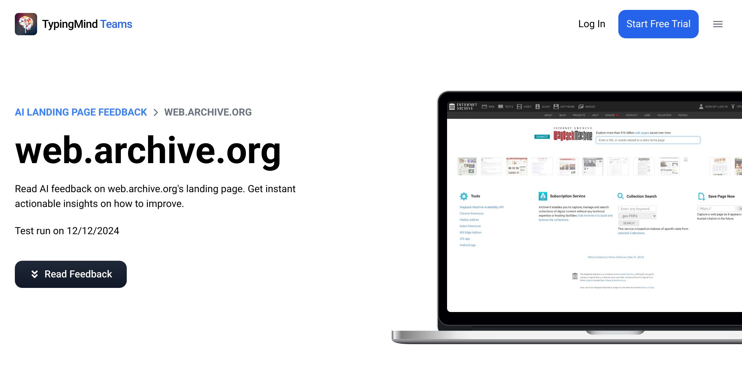 AI Landing Page Feedback for web.archive.org