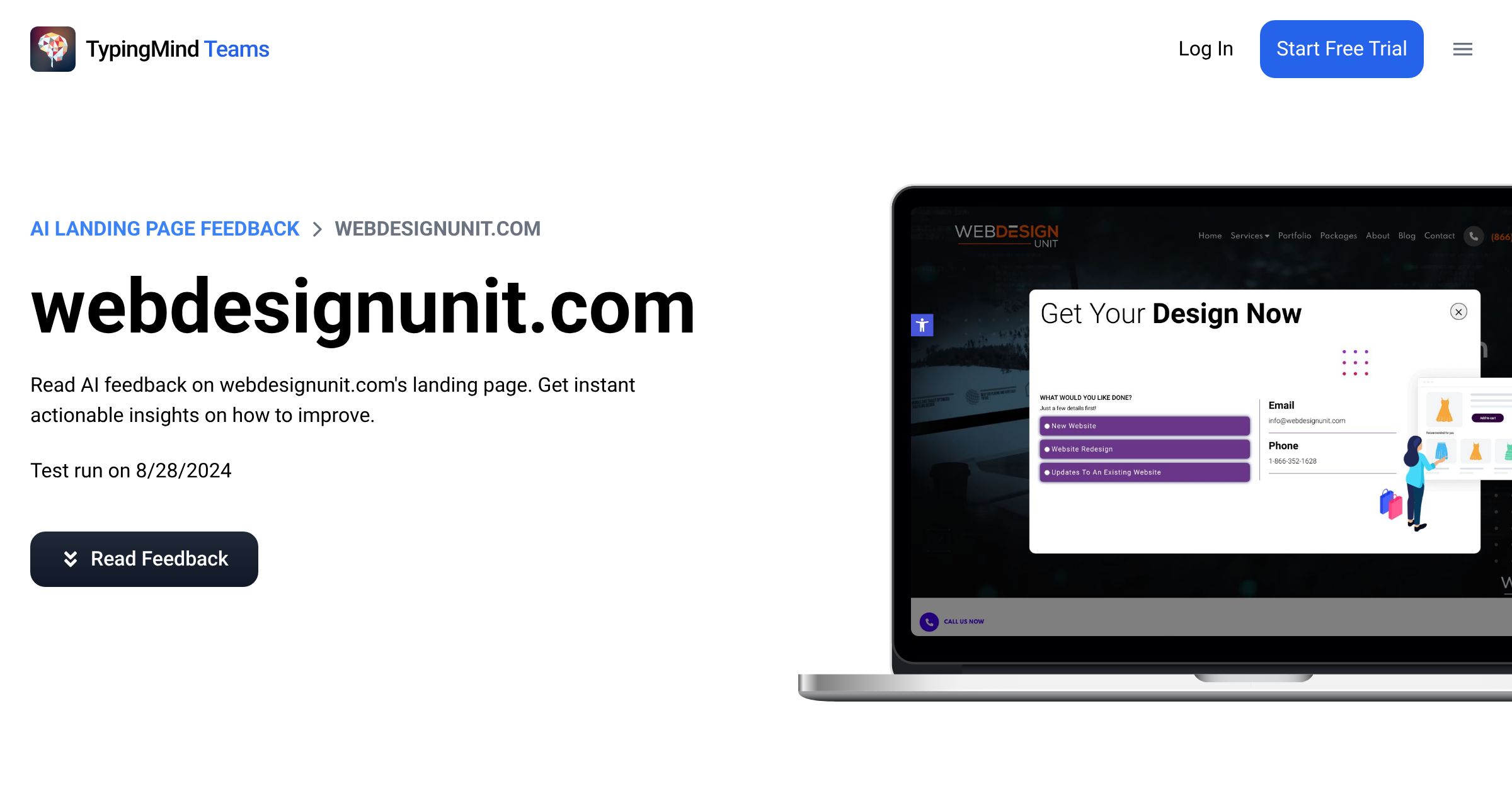 AI Landing Page Feedback for webdesignunit.com