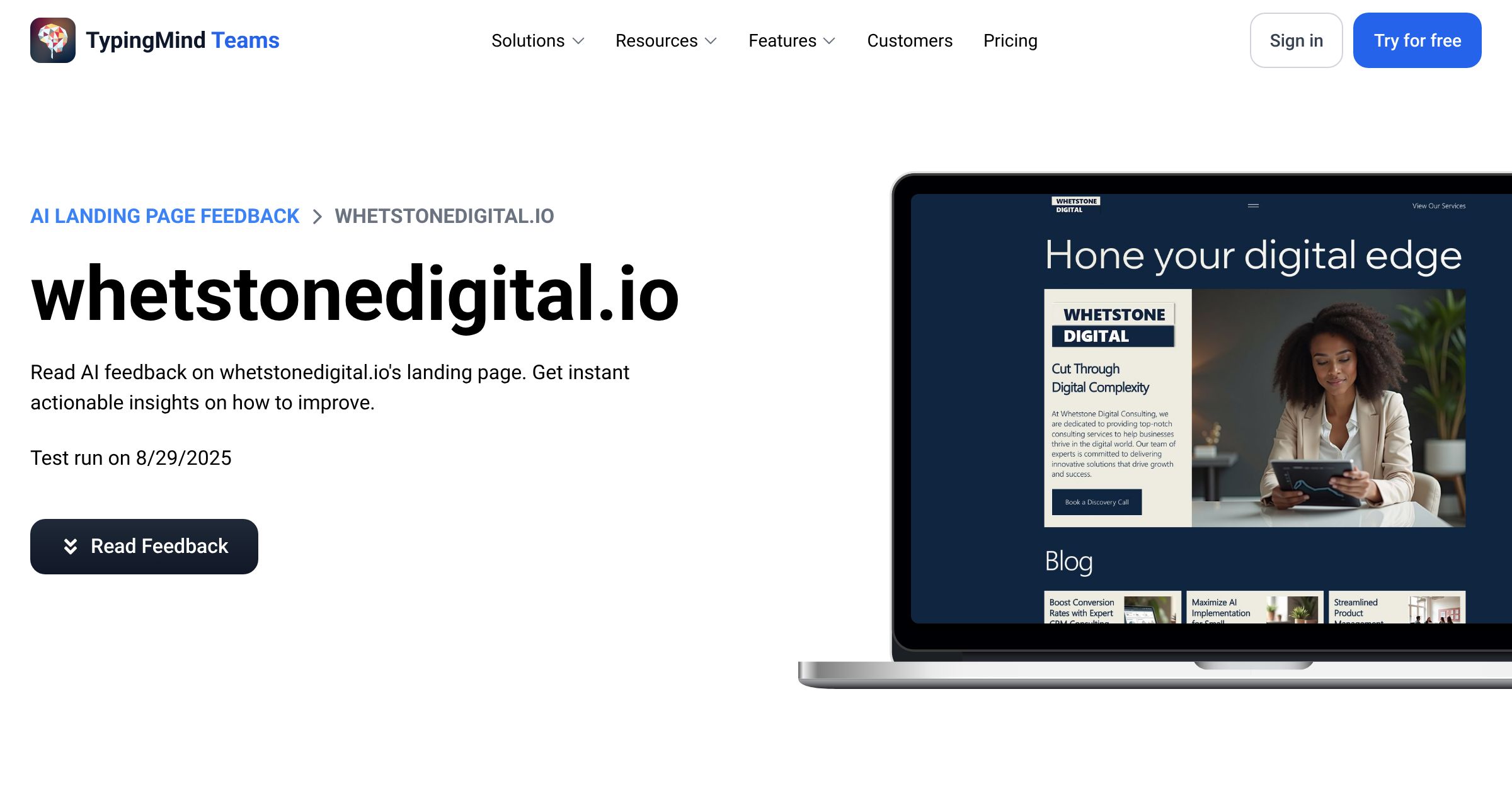 AI Landing Page Feedback for whetstonedigital.io