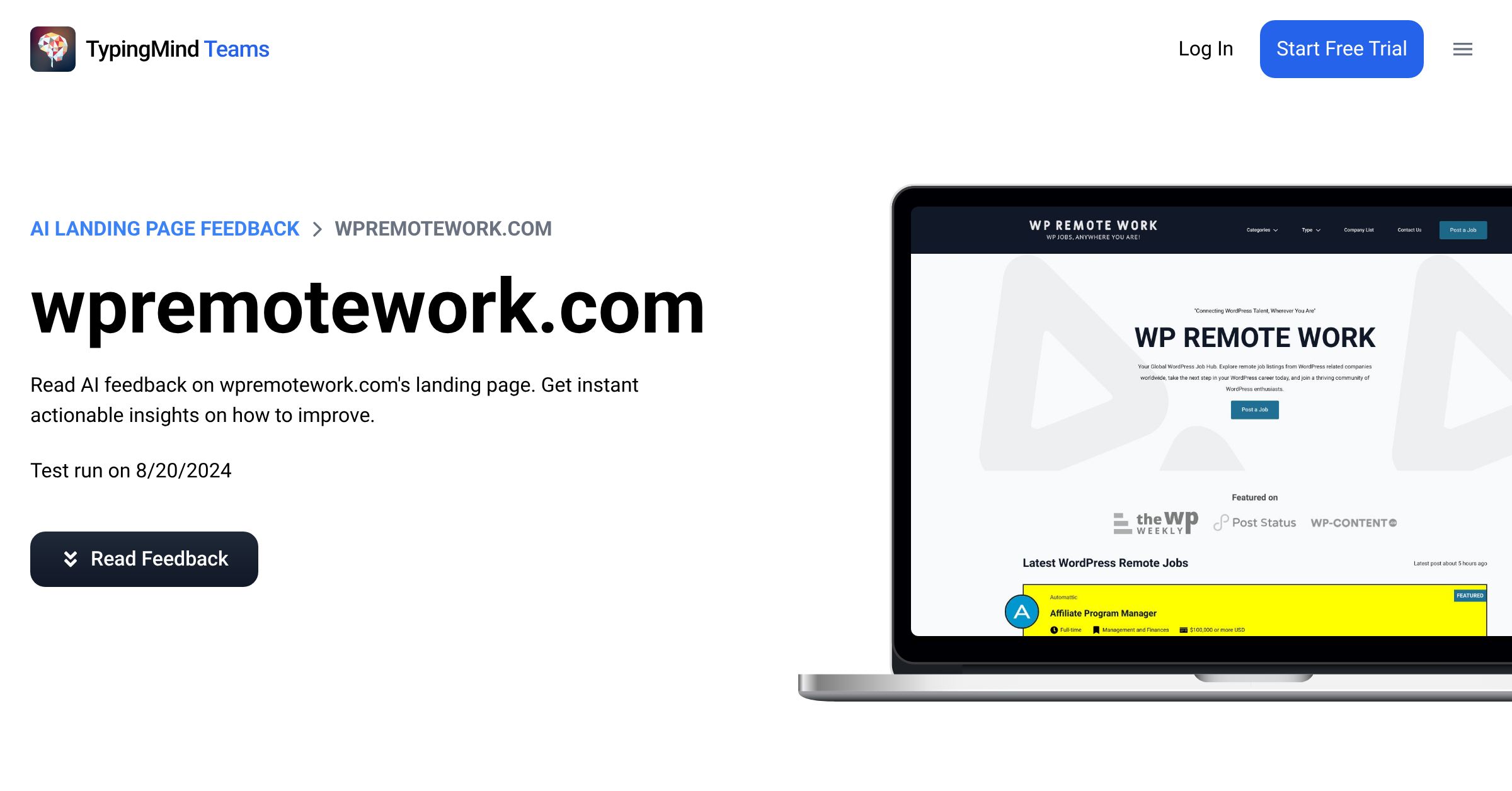 AI Landing Page Feedback for wpremotework.com