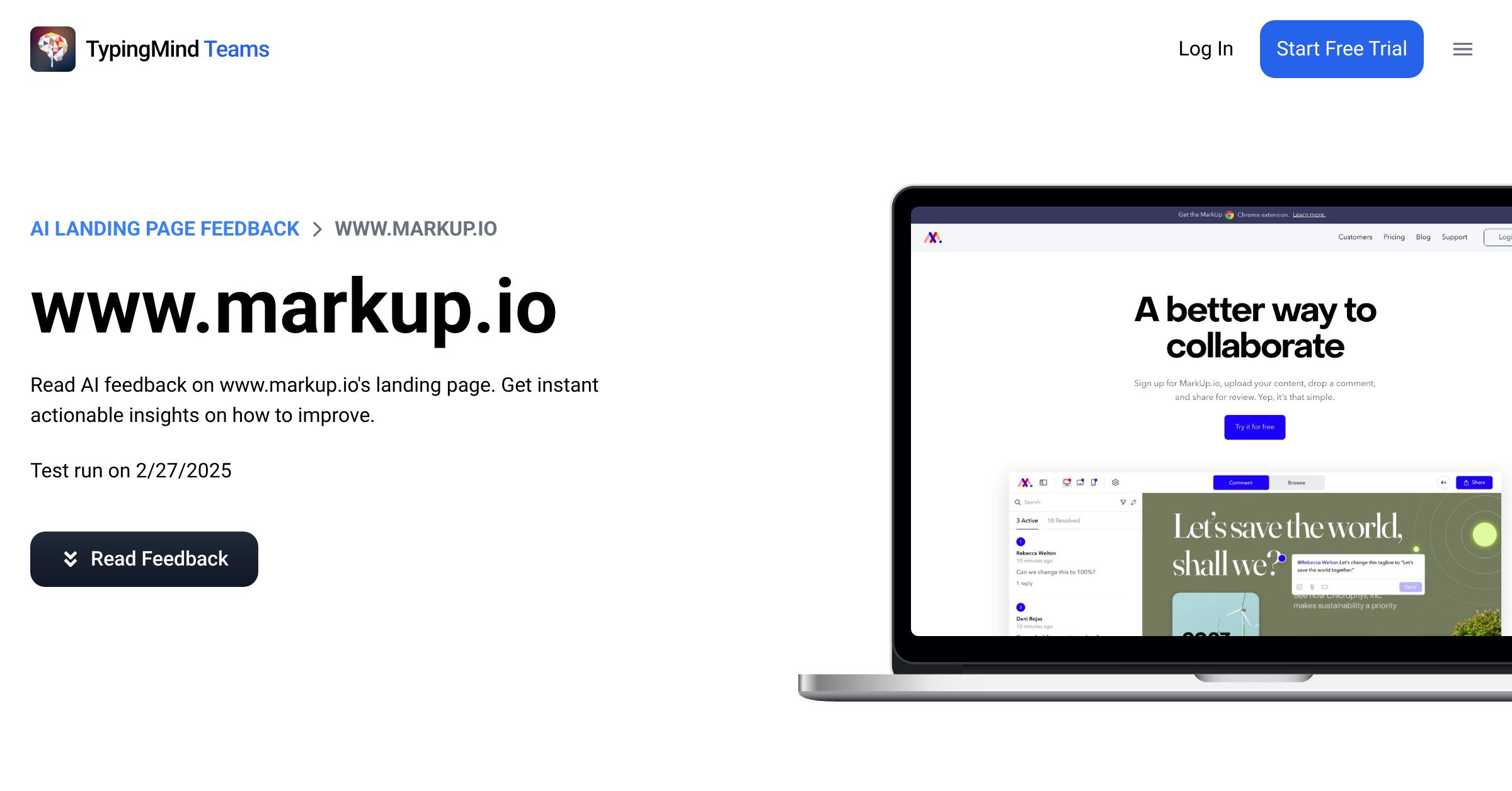 AI Landing Page Feedback for www.markup.io