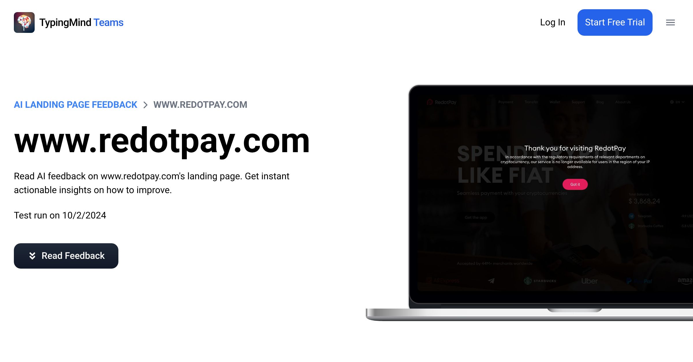 AI Landing Page Feedback for www.redotpay.com