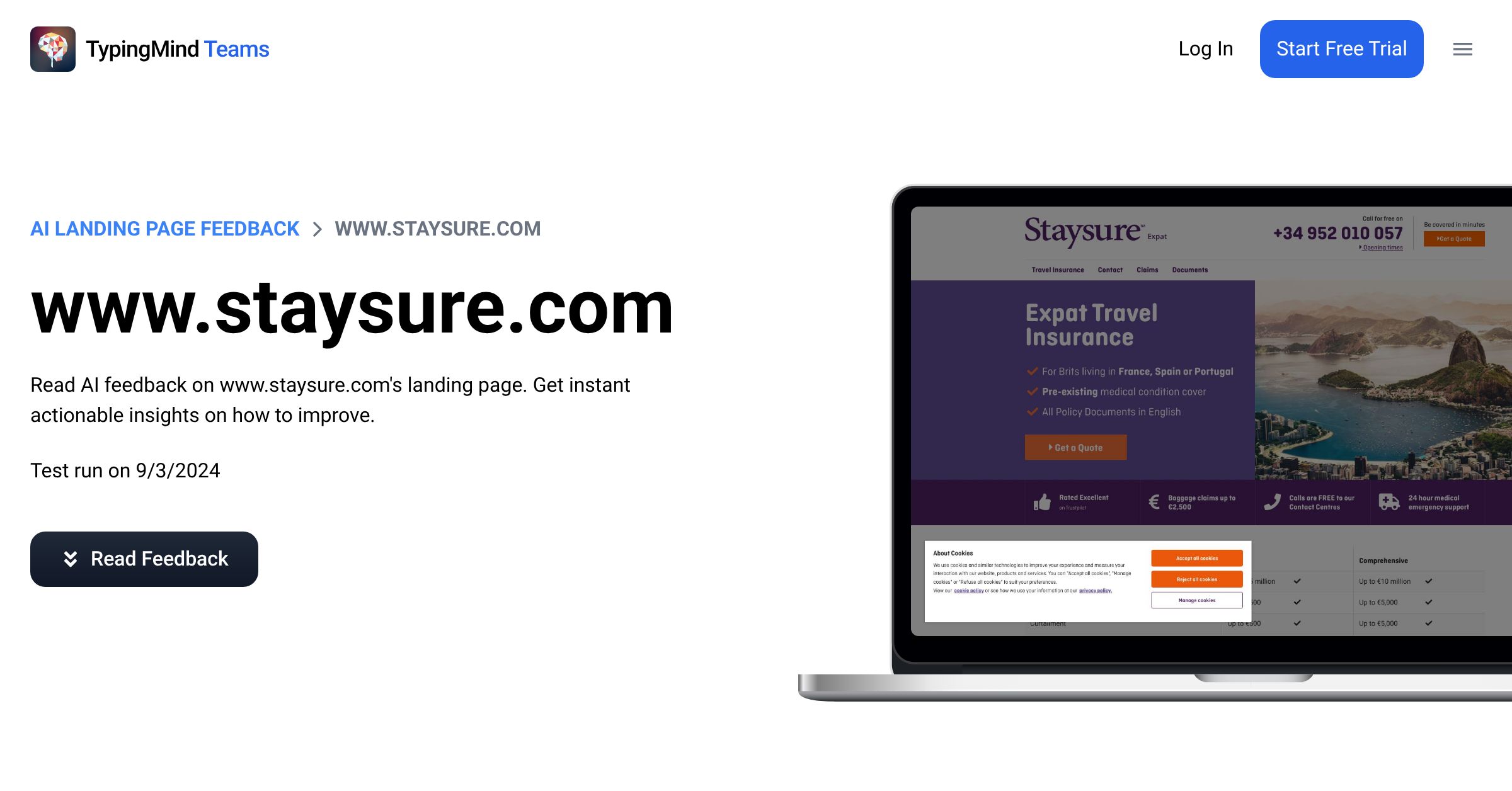 AI Landing Page Feedback for www.staysure.com