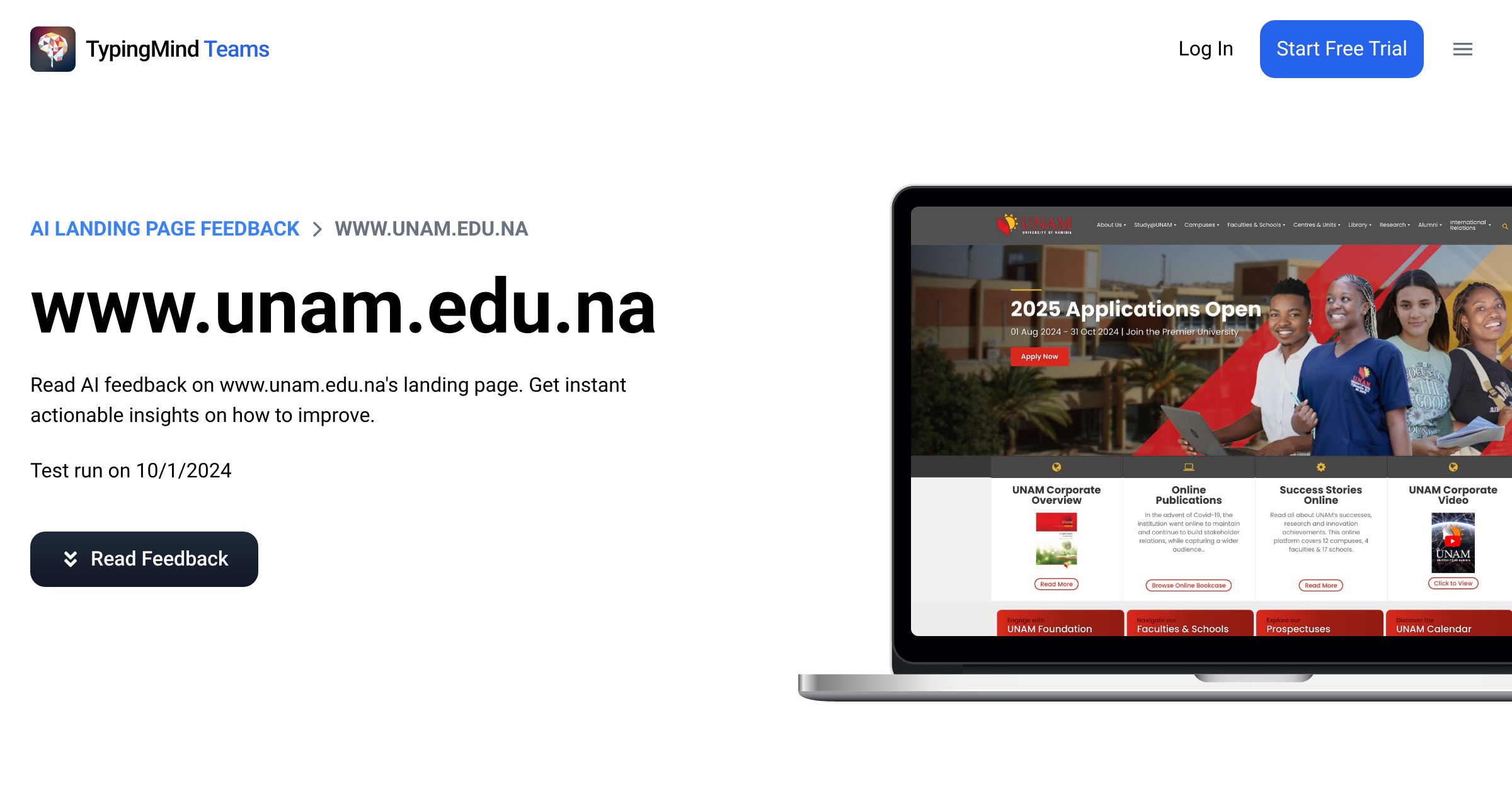 AI Landing Page Feedback for www.unam.edu.na