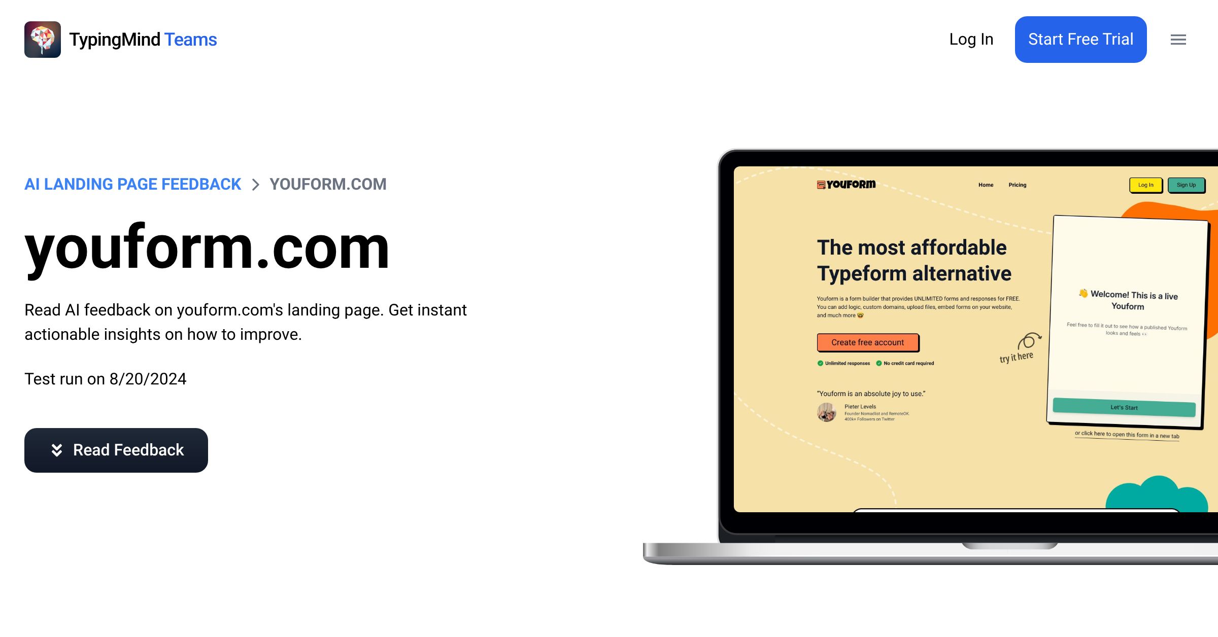 AI Landing Page Feedback for youform.com