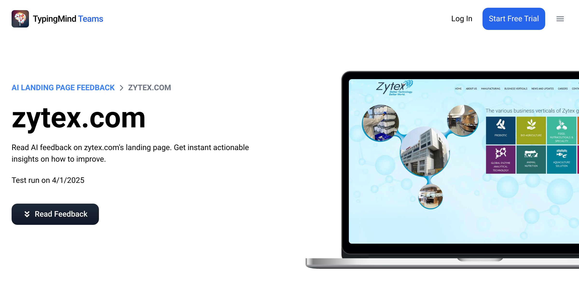AI Landing Page Feedback for zytex.com
