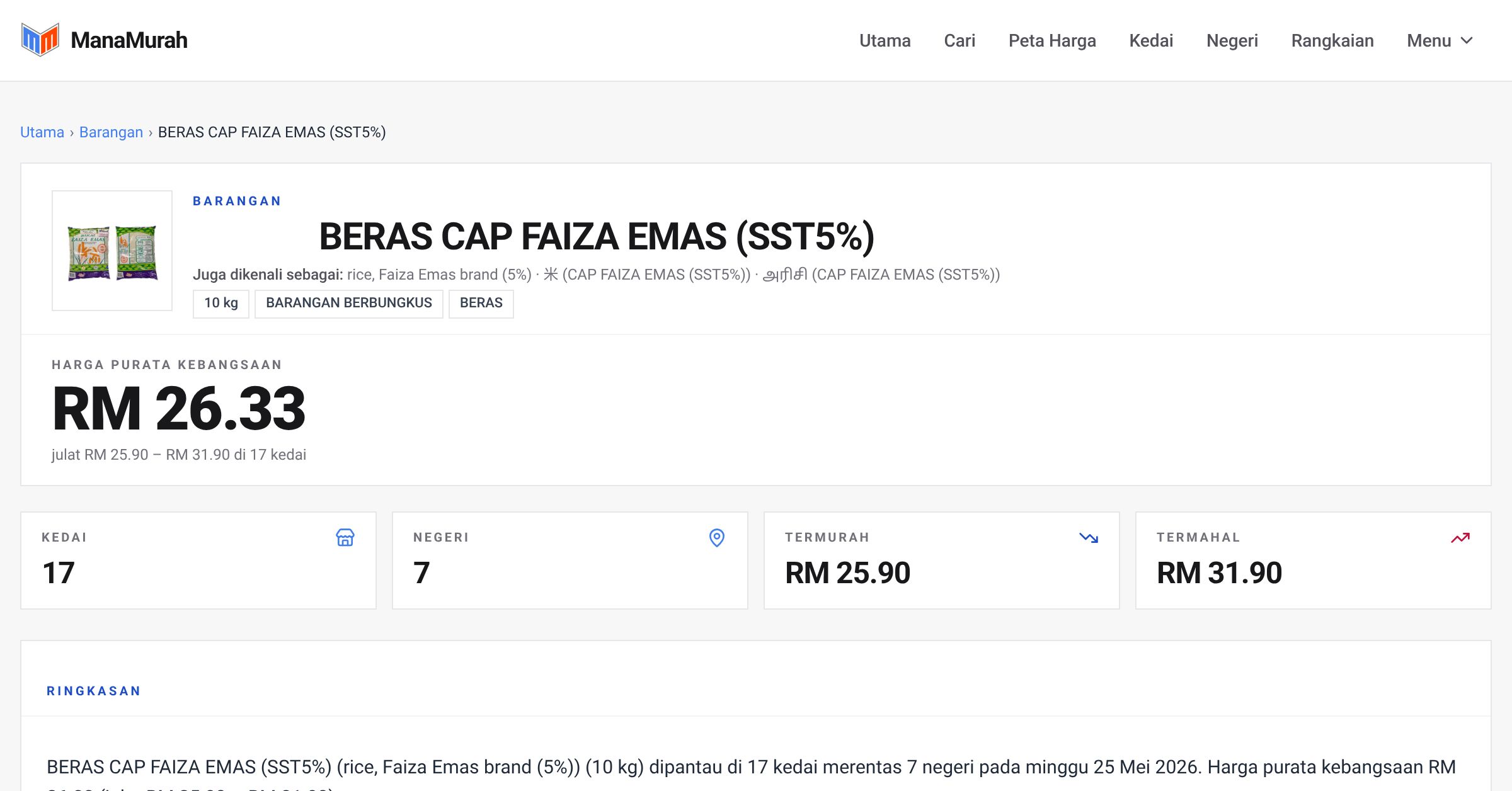 RM31.25/10 kg BERAS CAP FAIZA EMAS (SST5%). Harga Purata Seluruh Negara ...