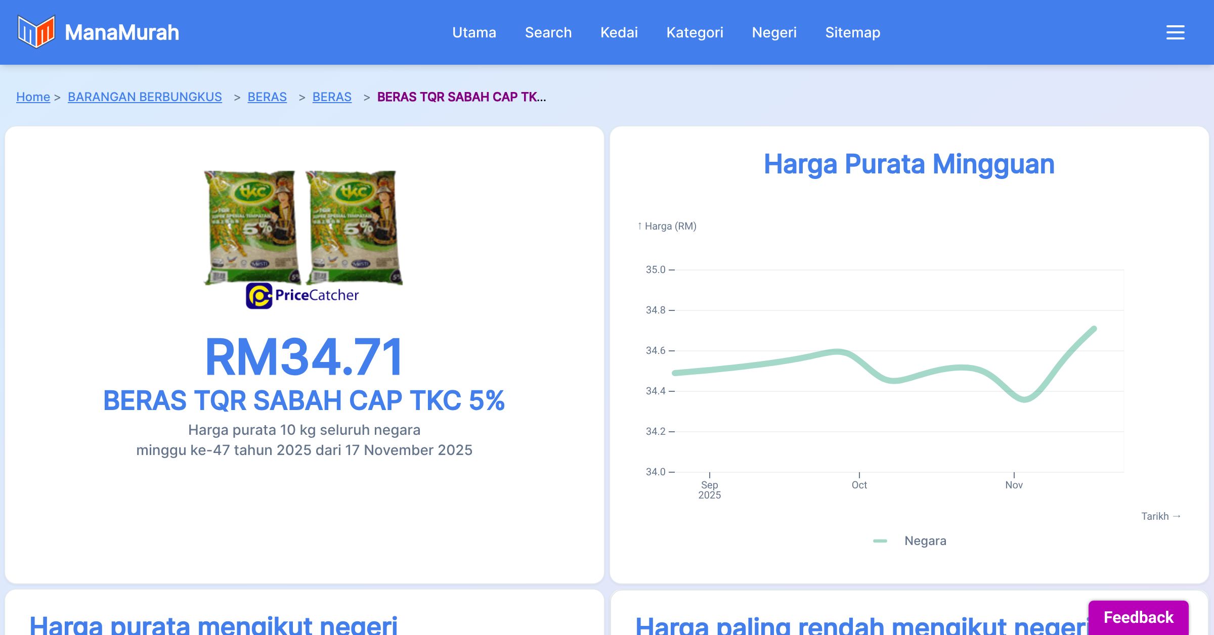 RM34.69/10 kg BERAS TQR SABAH CAP TKC 5%. Harga Purata Seluruh Negara Minggu 10 Februari 2025