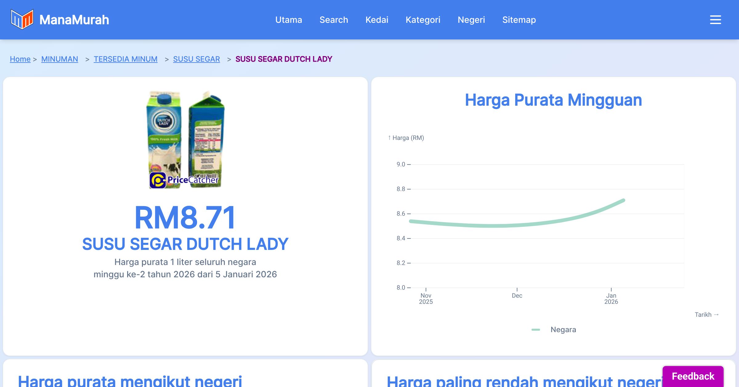 RM11.03/1 liter SUSU SEGAR DUTCH LADY. Harga Purata Seluruh Negara ...