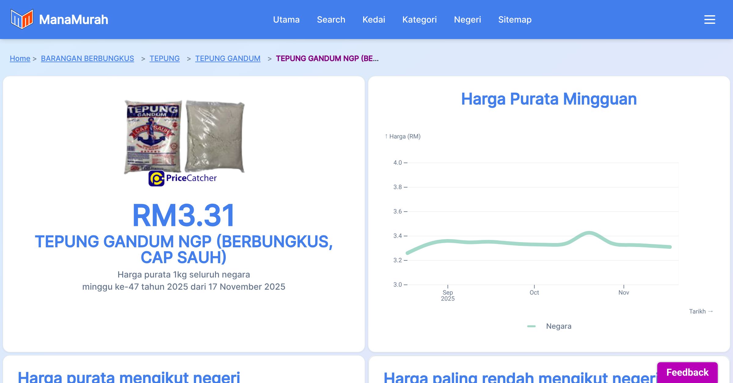 RM3.43/1kg TEPUNG GANDUM NGP (BERBUNGKUS, CAP SAUH). Harga Purata Seluruh Negara Minggu 13 ...
