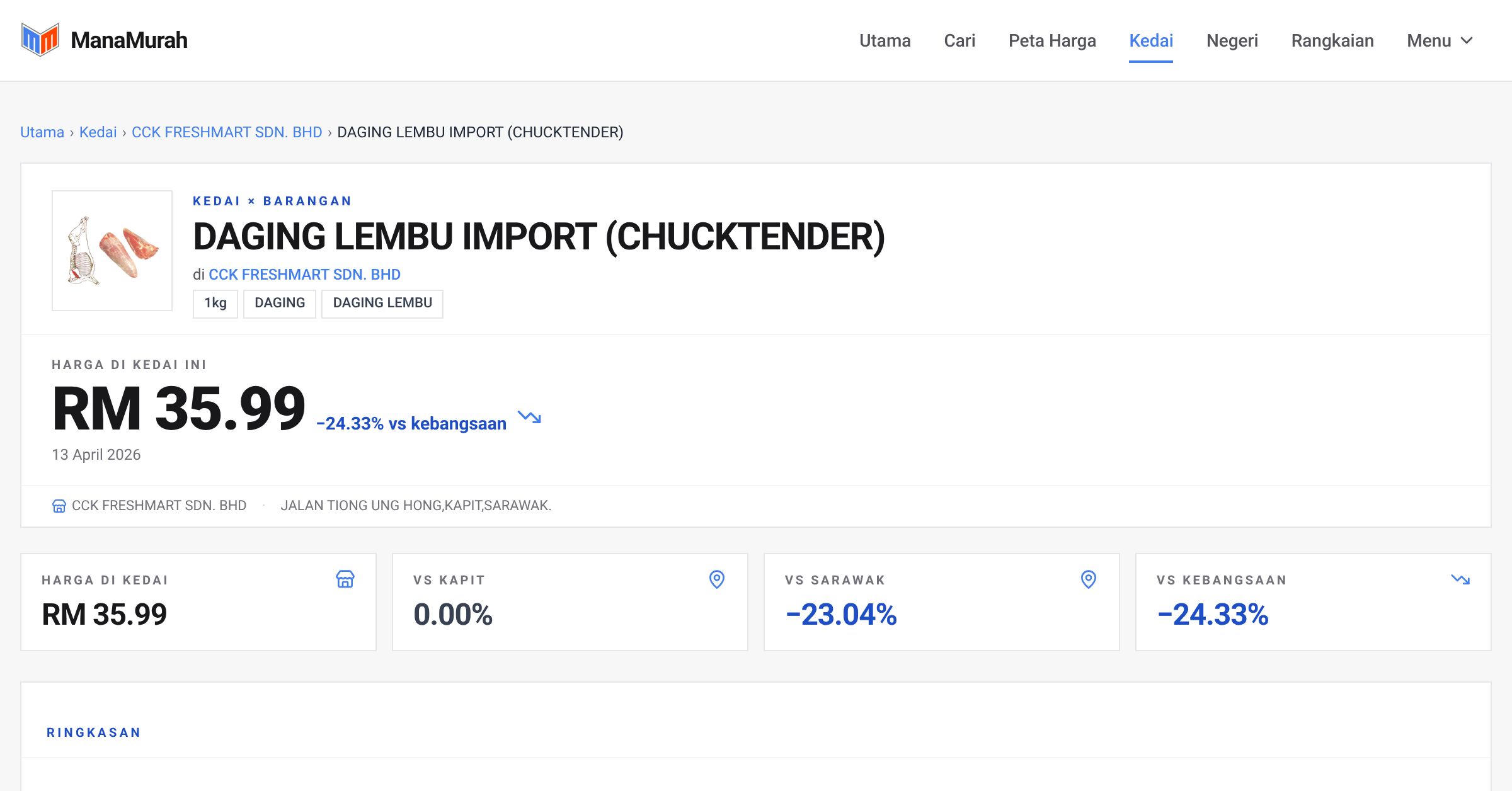 RM20.98/1kg DAGING LEMBU IMPORT (CHUCKTENDER) di CCK FRESHMART