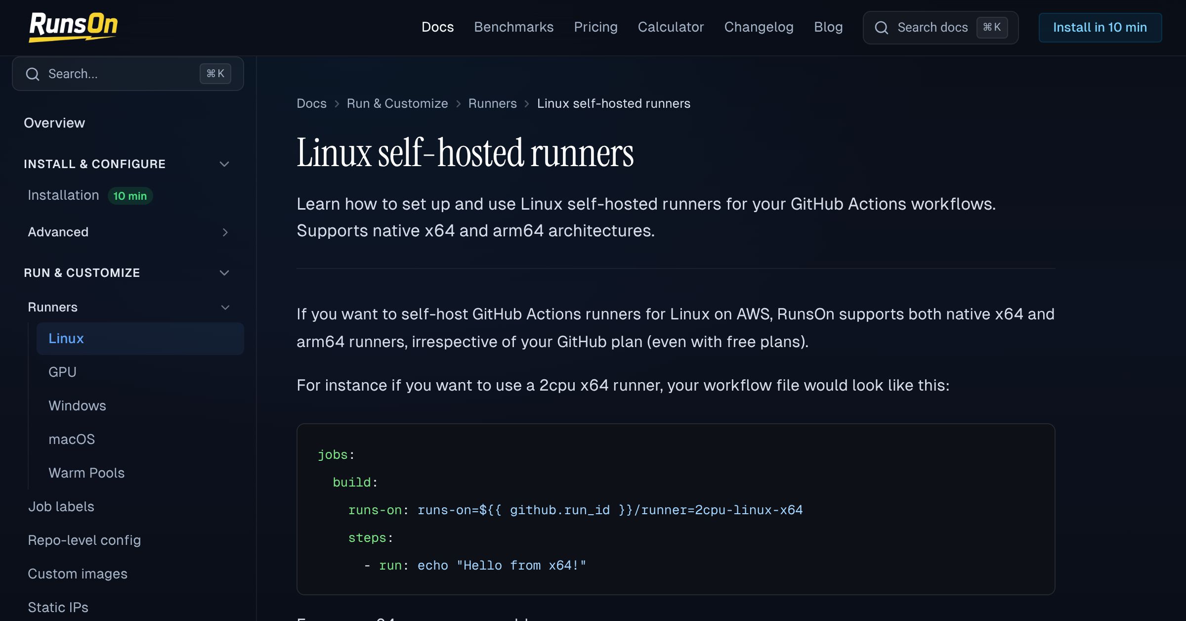 Linux self-hosted runners - RunsOn