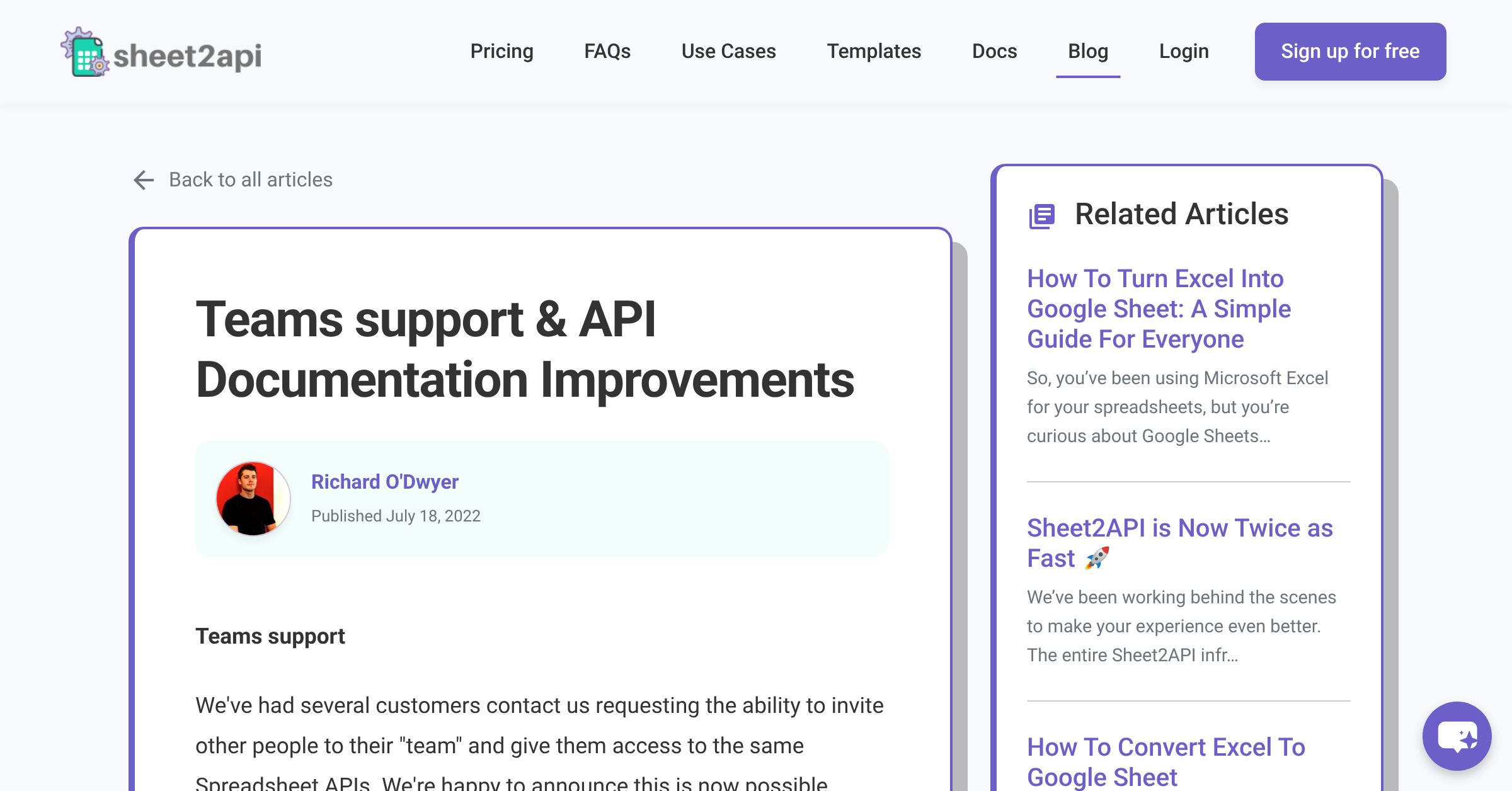 Teams support & API Documentation Improvements | sheet2api