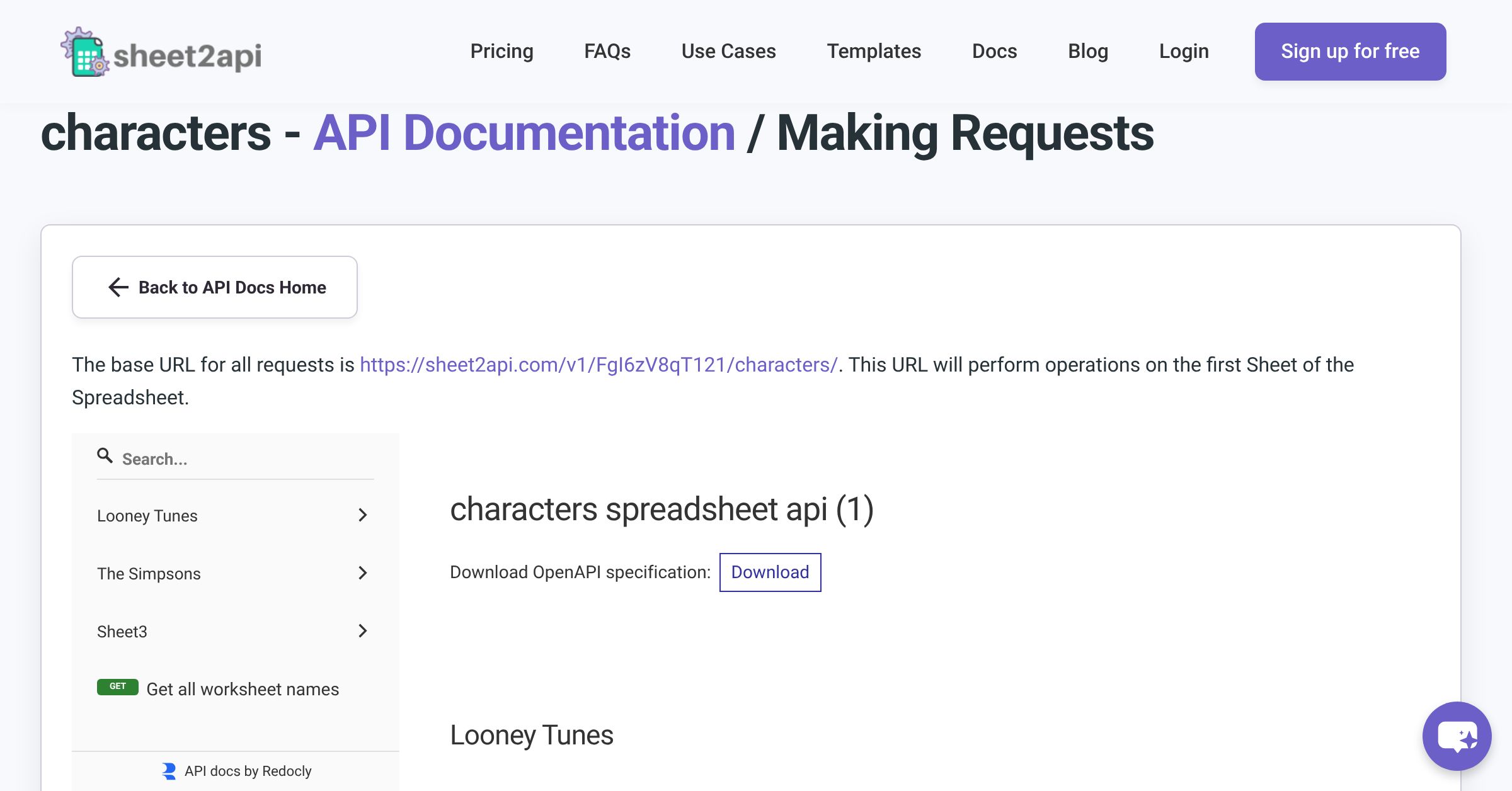 characters - API Documentation / Making Requests | sheet2api