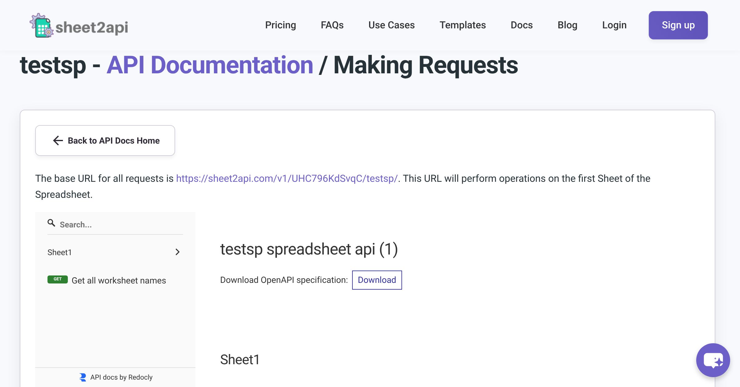 testsp - API Documentation / Making Requests | sheet2api