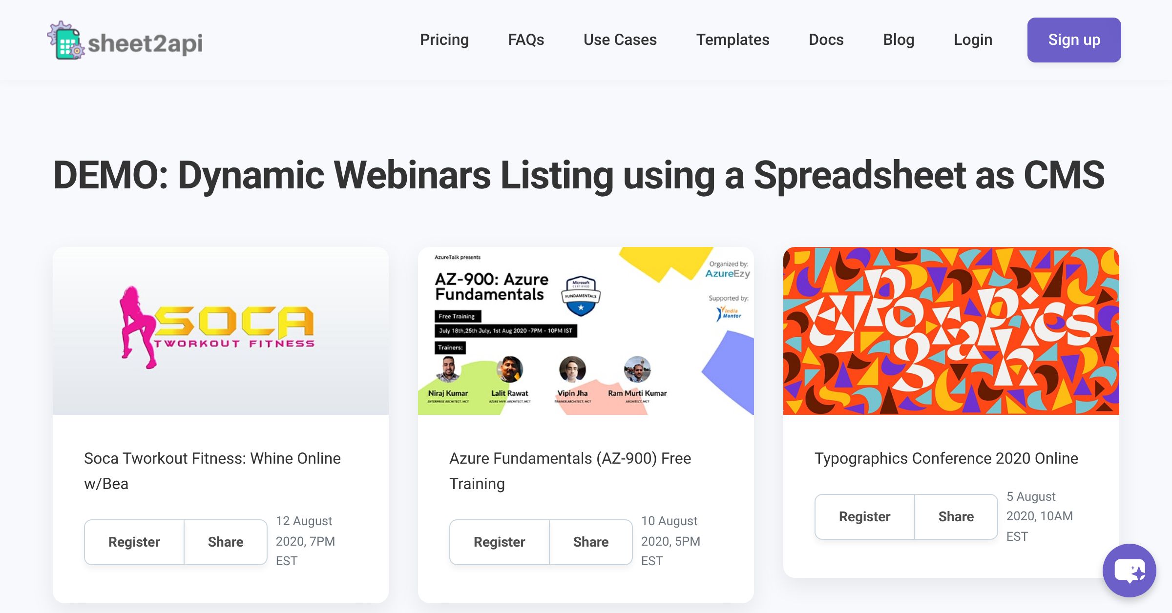 Demo: Dynamic Webinars Listing using a Spreadsheet as CMS | sheet2api