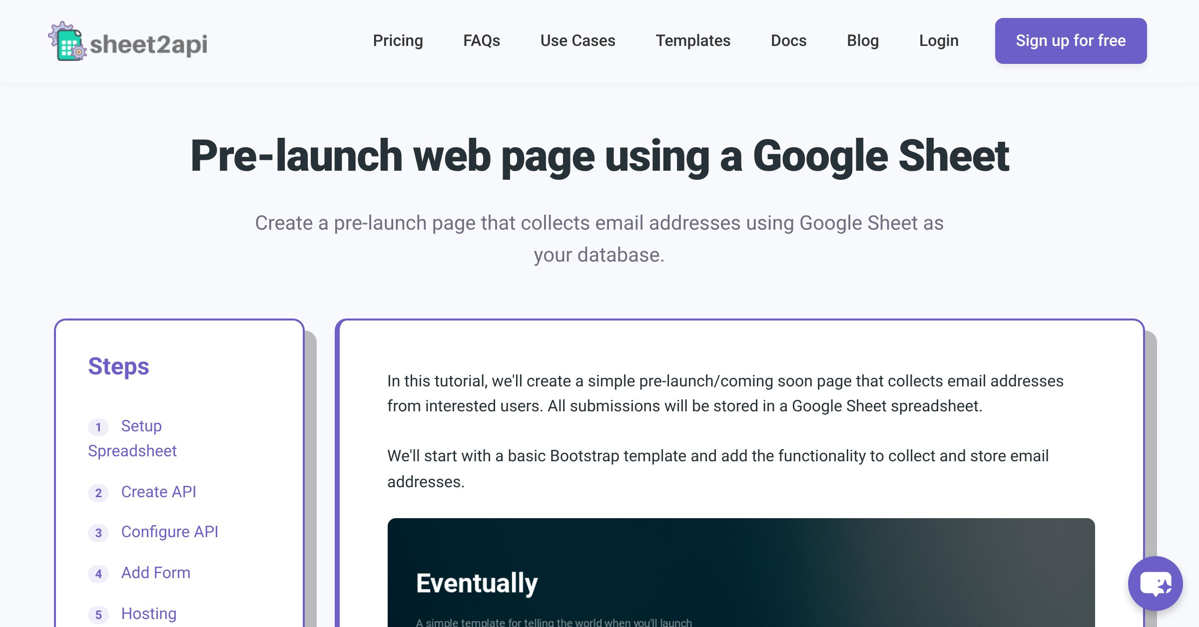 Pre-launch web page using a Google Sheet [2024] | sheet2api