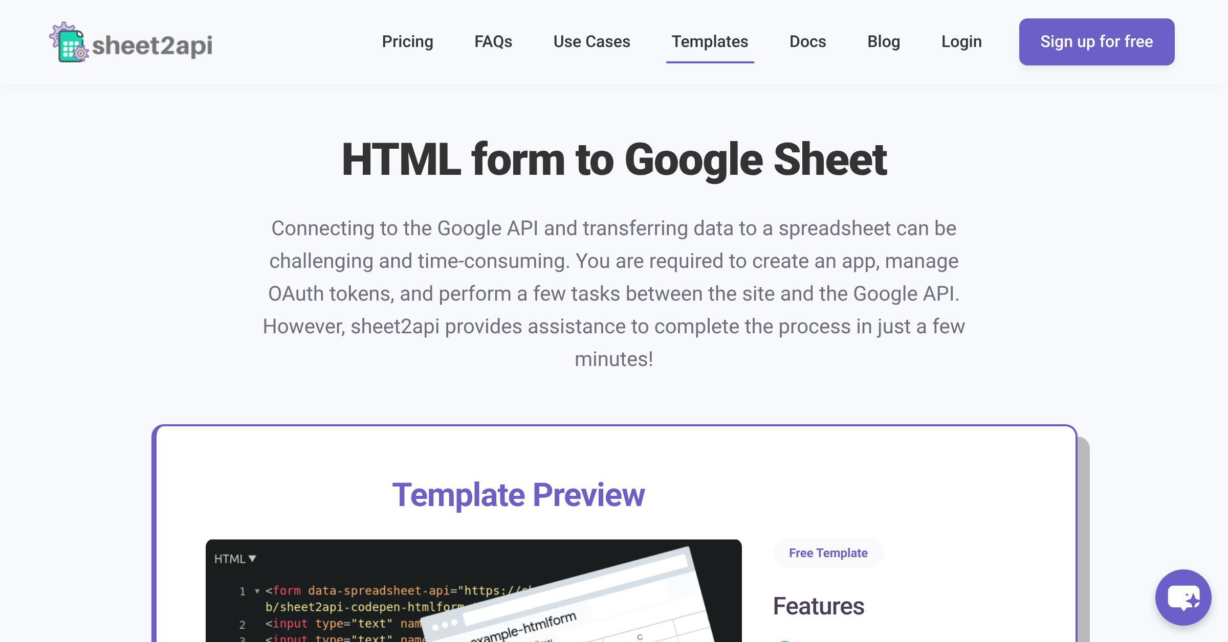 HTML form to Google Sheet - Free Website Template | sheet2api