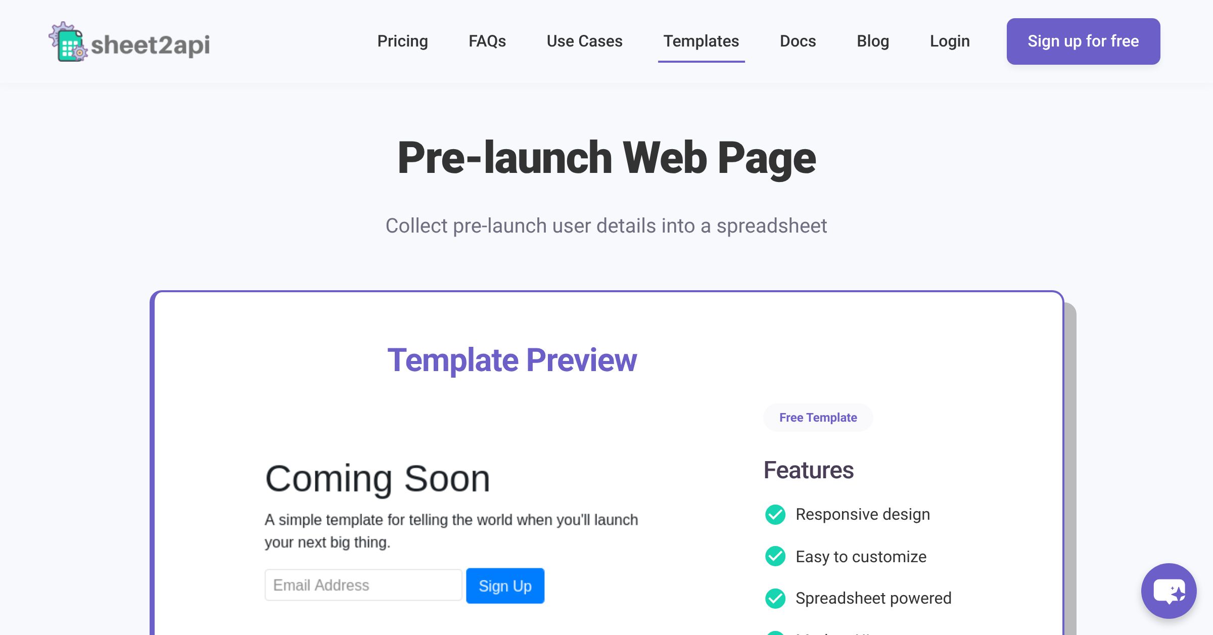 Pre-launch Web Page - Free Website Template | sheet2api