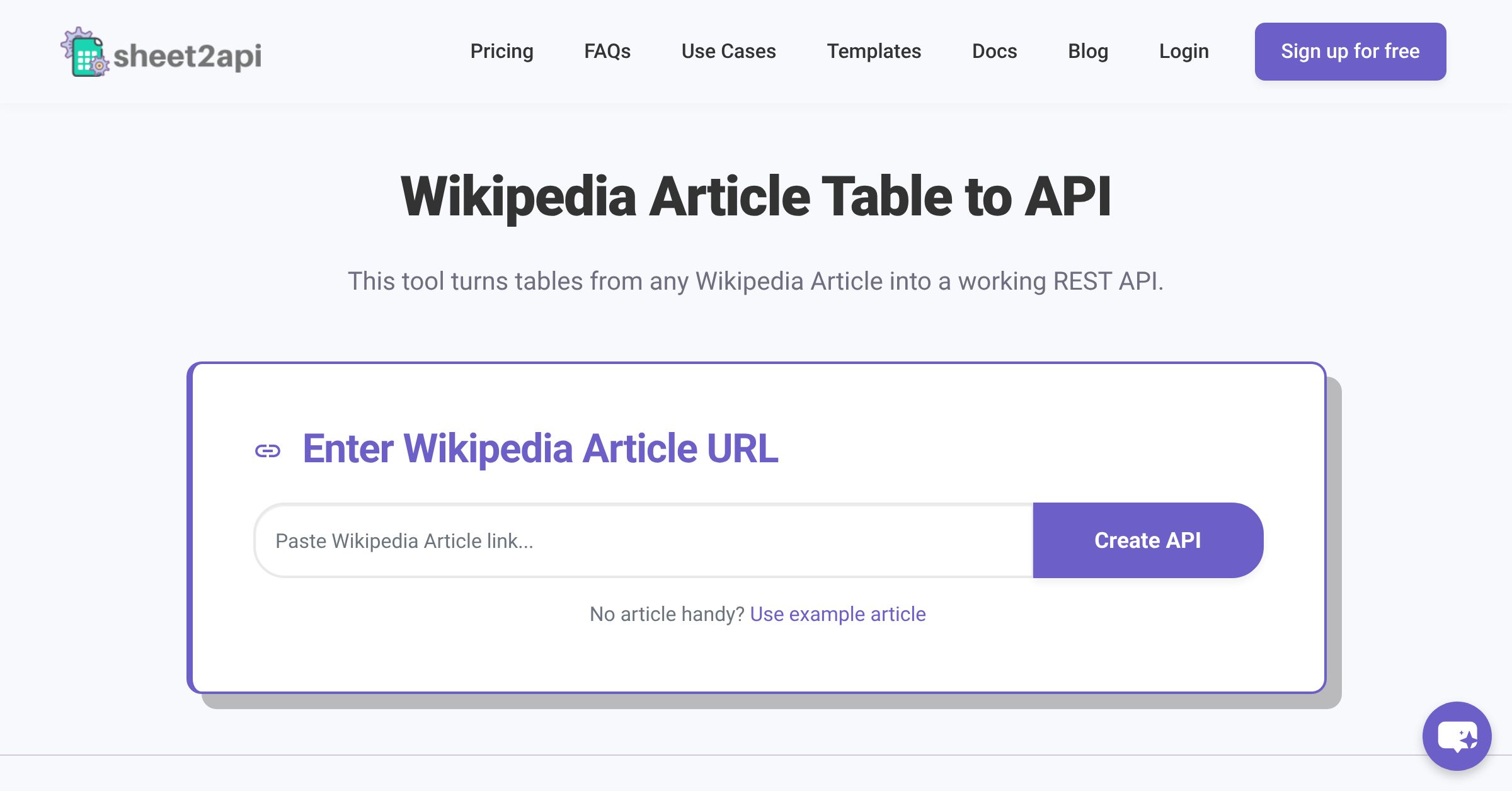 Wikipedia Article Table to API | sheet2api